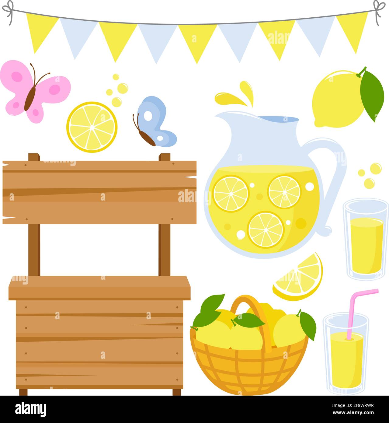 Lemonade Stand And Fresh Lemon Juice In Pitcher And Glasses Vector