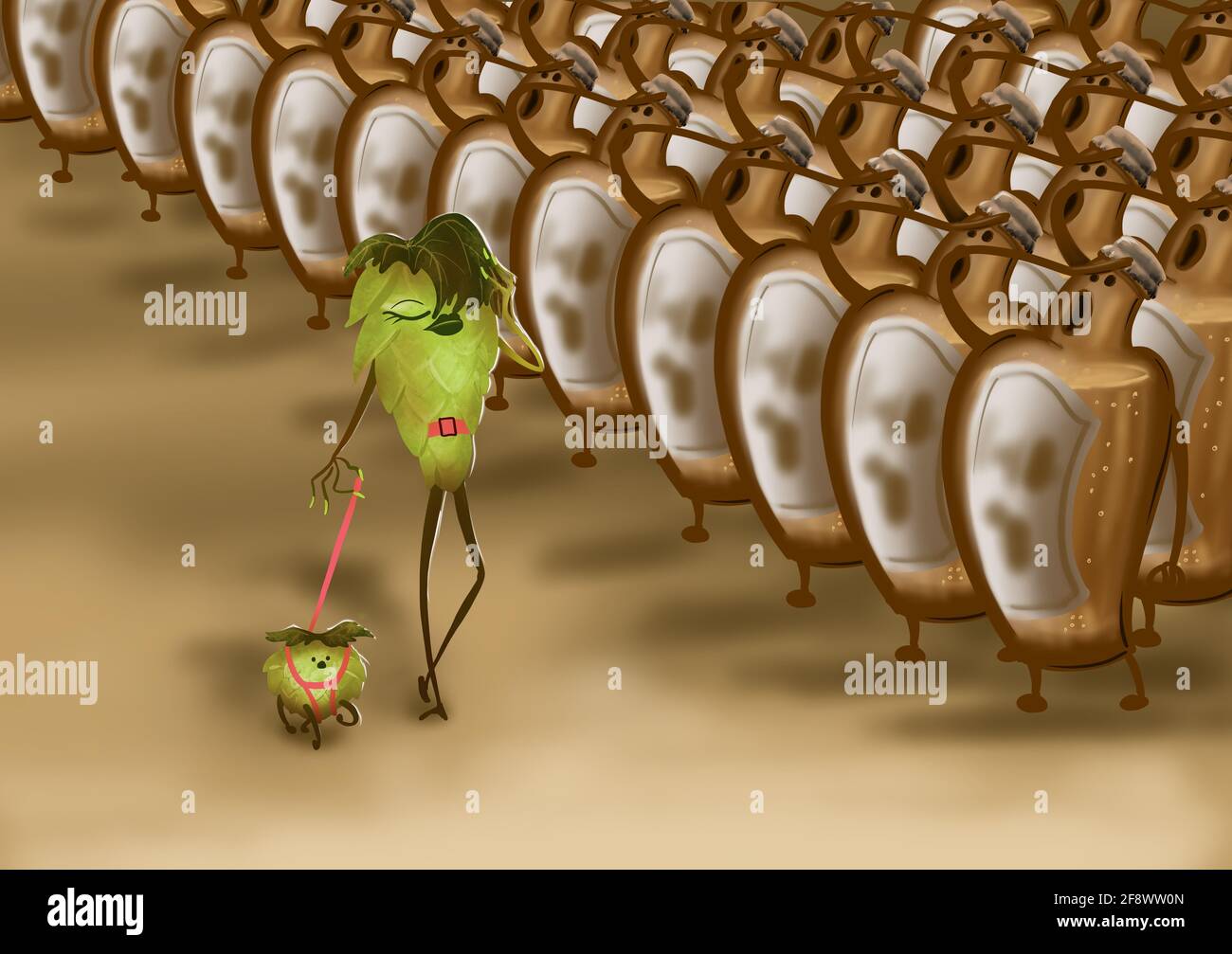 Cartoon character hop cone with a pet on a leash goes in front of a ...