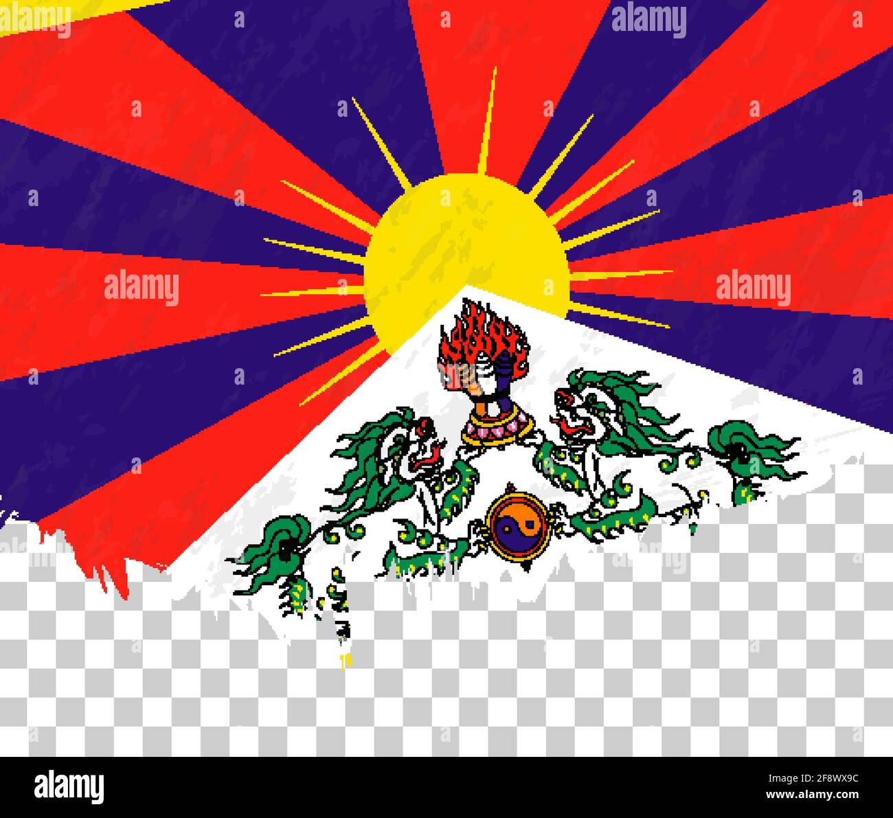 Grunge-style flag of Tibet on a transparent background. Vector textured ...