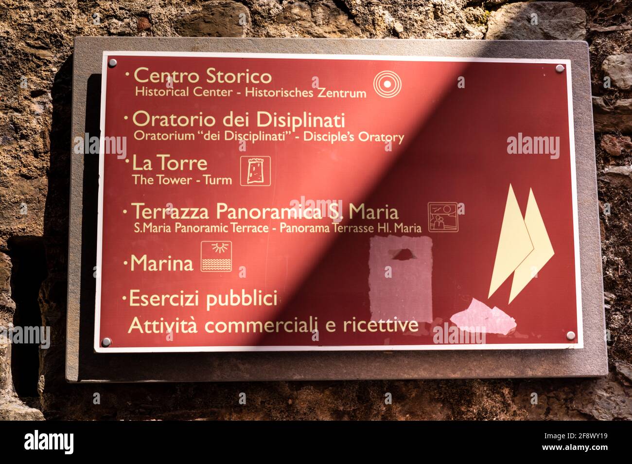 Corniglia, Liguria, Italy. June 2020. Tourist information sign on the ...