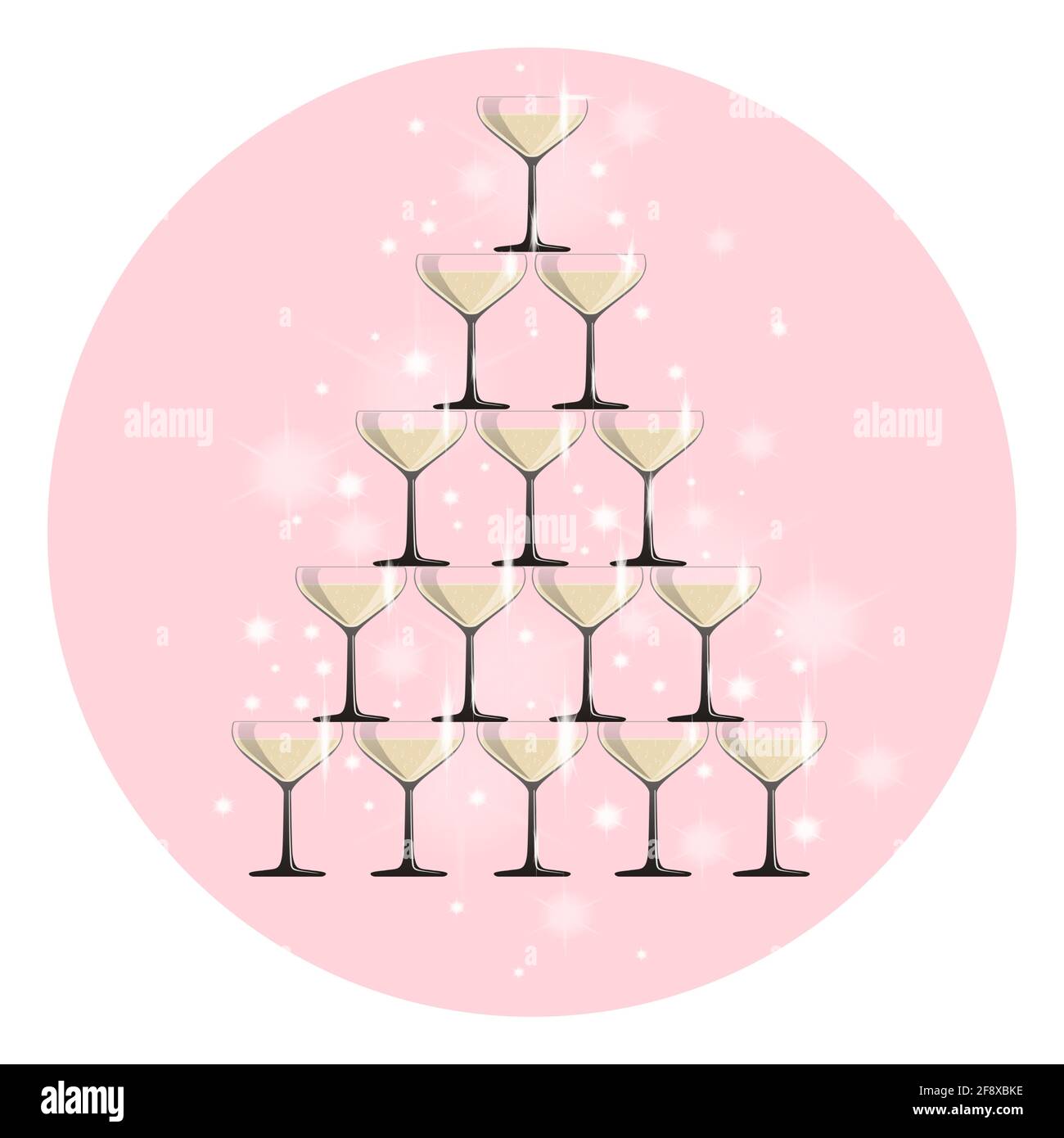 Wedding pyramid of glasses. Tower of champagne with sparkling wine for ...