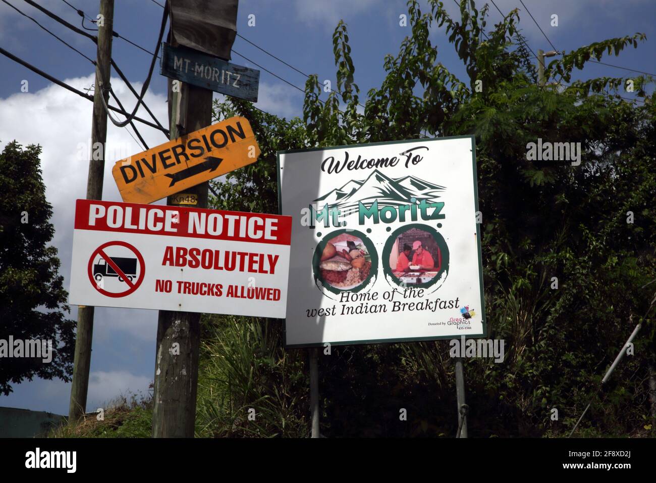 Mount Moritz Grenada Welcome, Police notice and Diversion Signs Stock ...