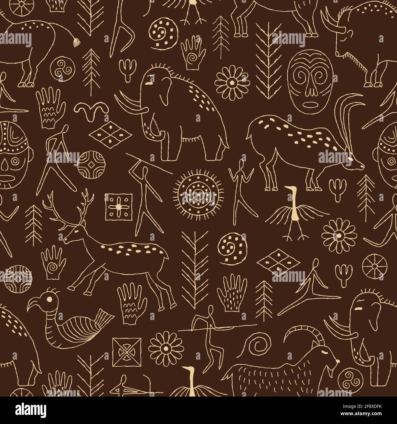 Seamless pattern with decorative elements and man from rock art ...