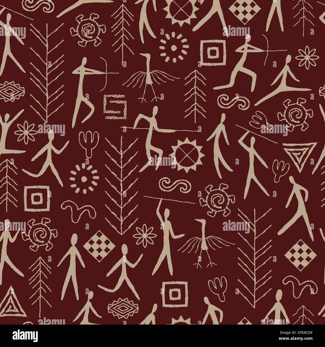 Seamless pattern with decorative elements and man from rock art ...