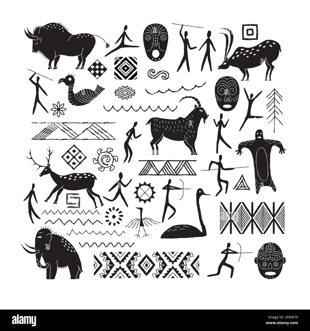 A set of decorative elements from rock art. Prehistoric drawings ...