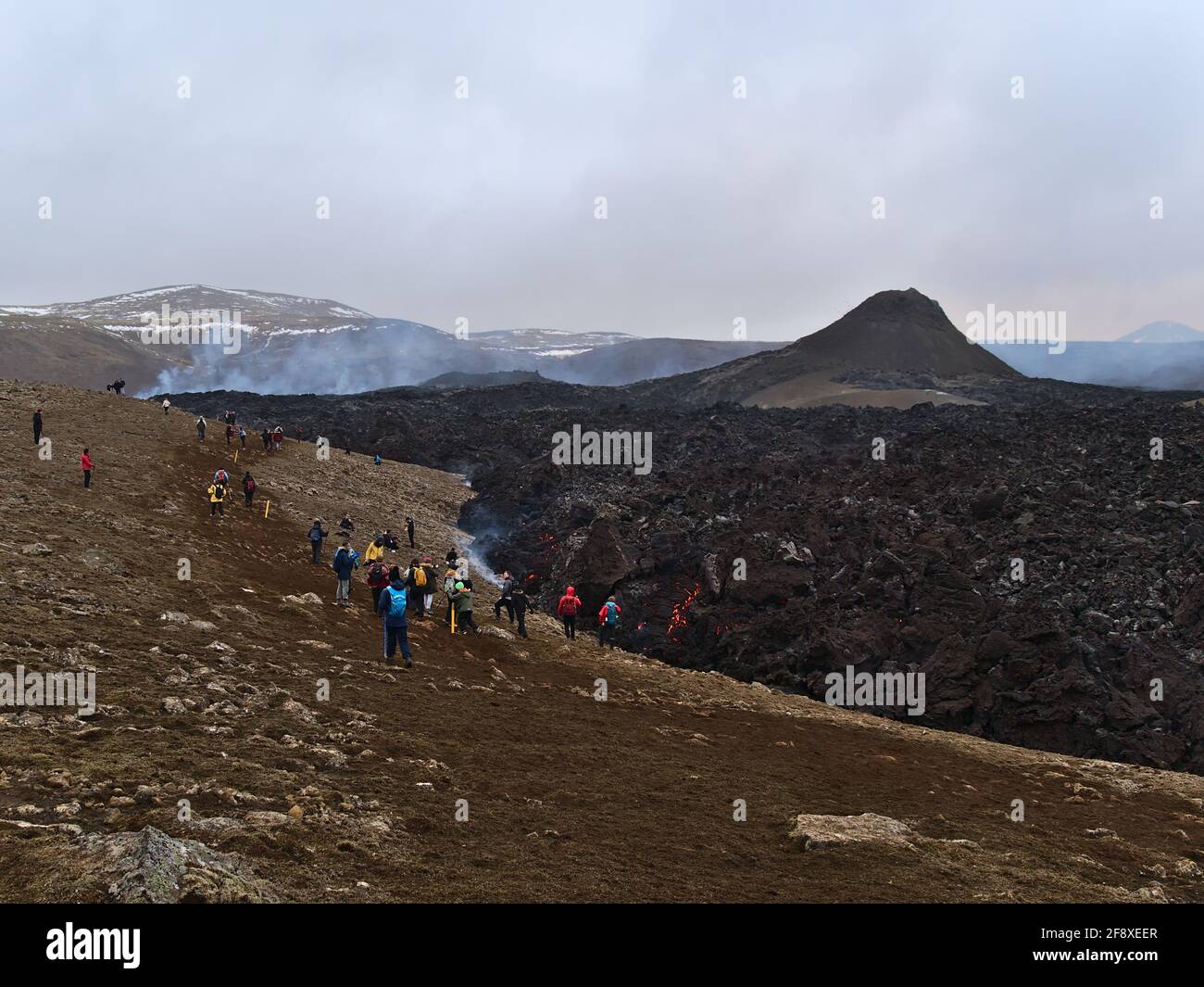 View of volcanic eruption at Fagradalsfjall mountain in Geldingadalir ...