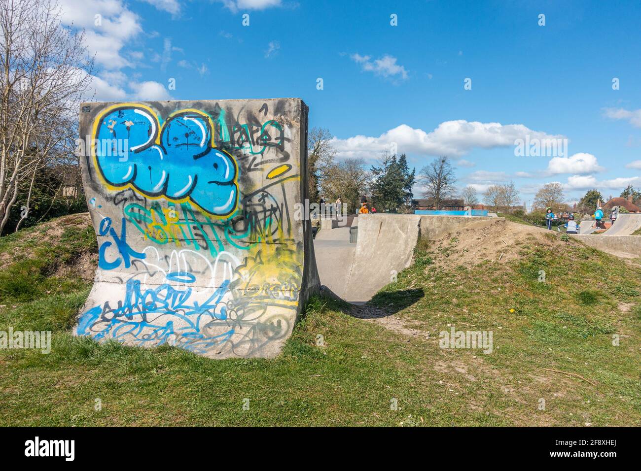 Graffiti on the end of a concrete ramp in Sol Joel Park in Earley ...