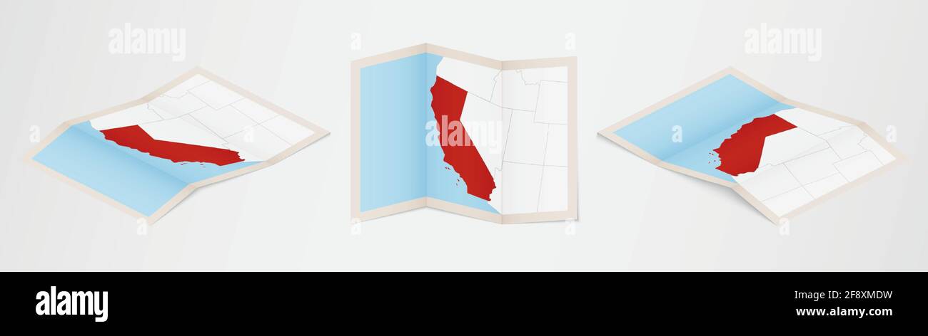 Folded map of California in three different versions. Vector map of ...