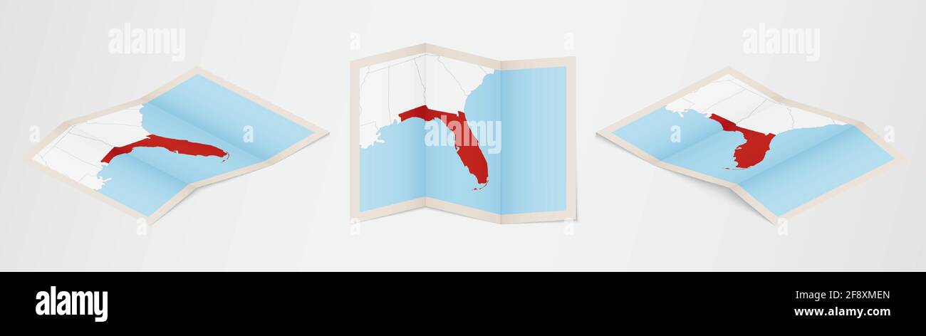 Folded map of Florida in three different versions. Vector map of ...