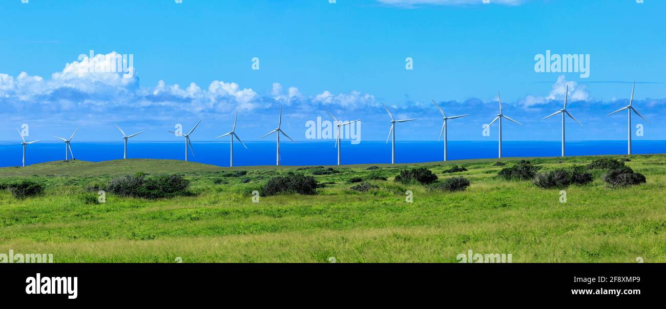 Coastal wind turbines near South Point, Kay District, Hawaii Islands ...