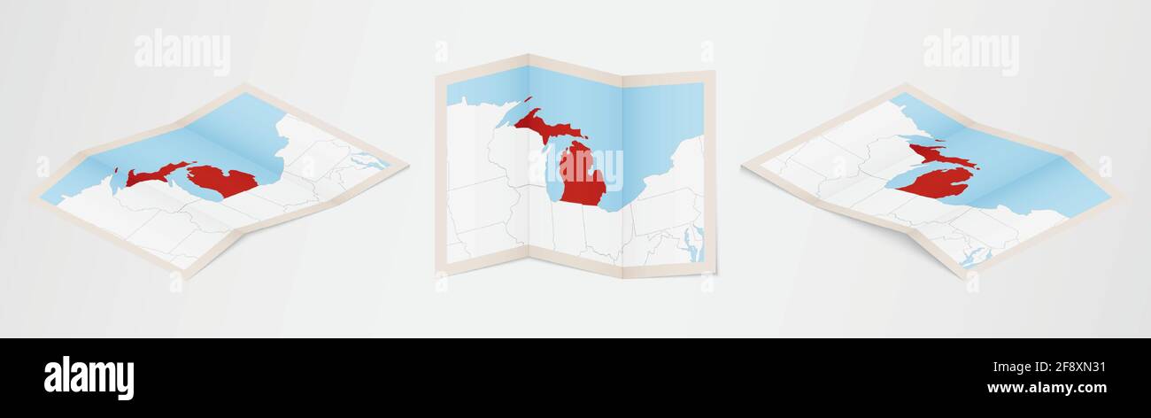Folded map of Michigan in three different versions. Vector map of ...