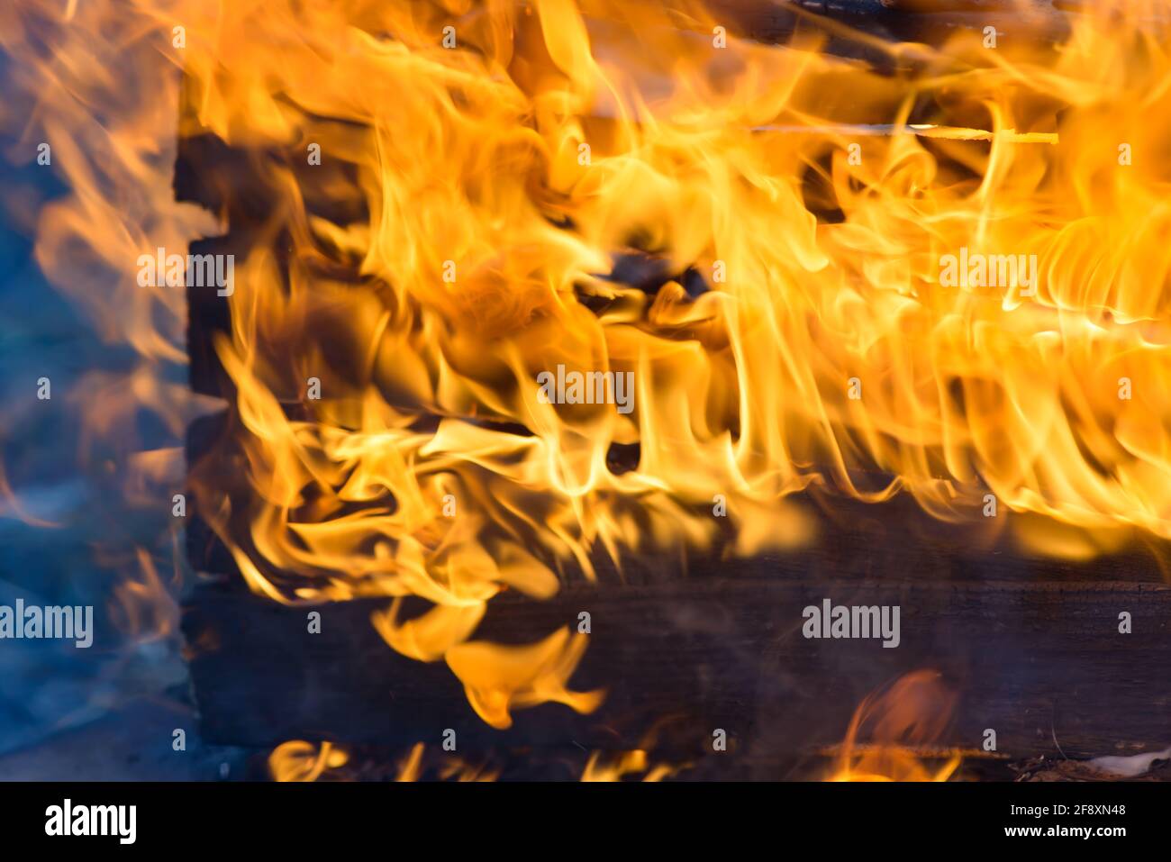Spurts of flame. Burning wooden boards and logs. The bright flame of ...