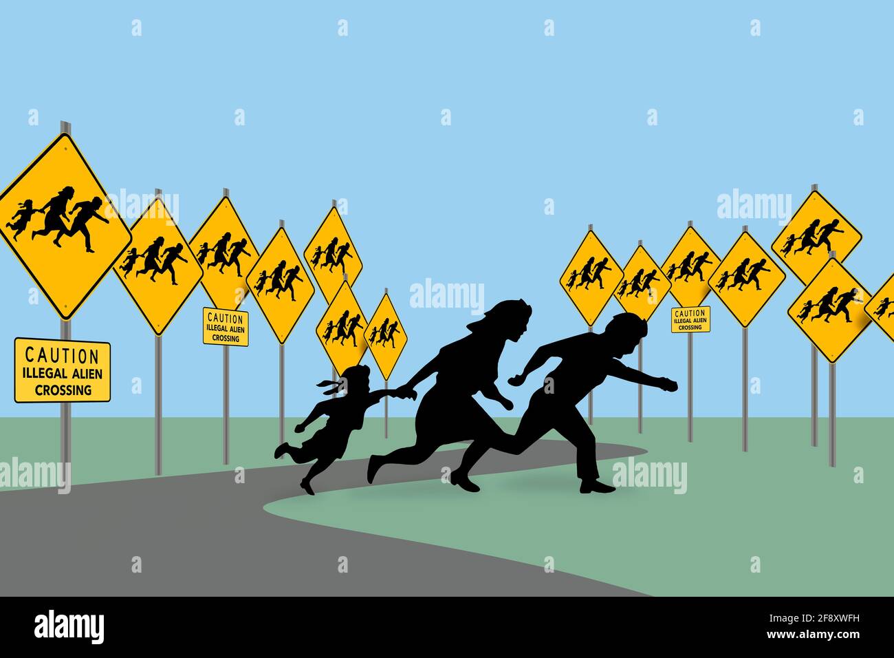 Caution illegal alien crossing traffic signs are seen as a silhouetted ...