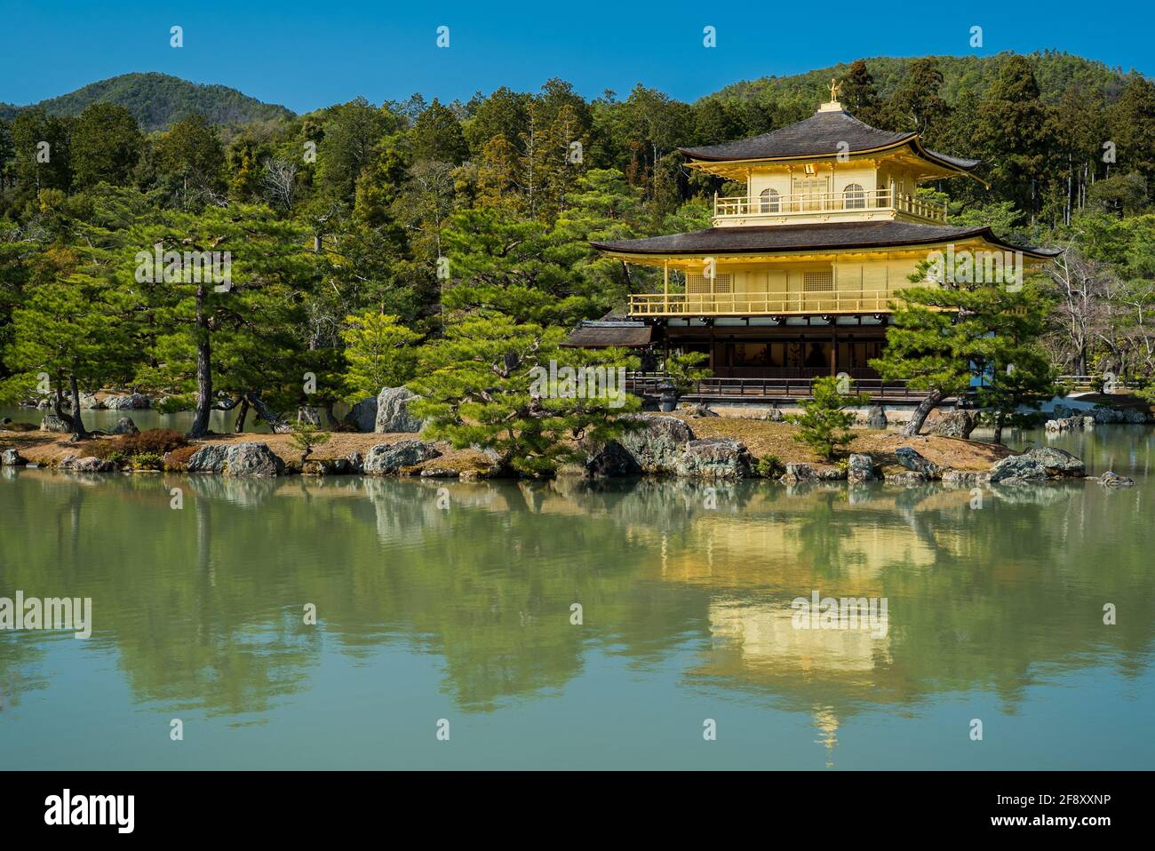 The Golden Pavilion reflected in the lake, bright blue sky. Famous ...