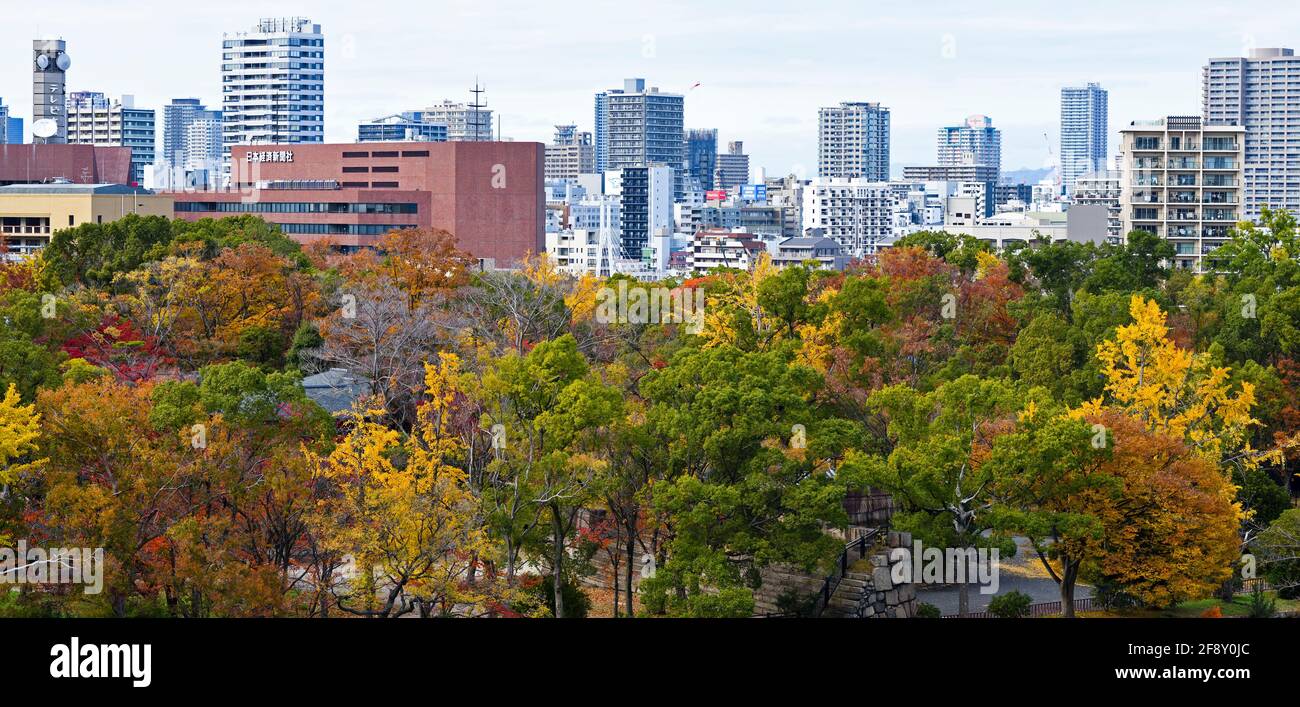 City skyline and trees in autumn colors, Nishinomaru Garden, Osaka ...