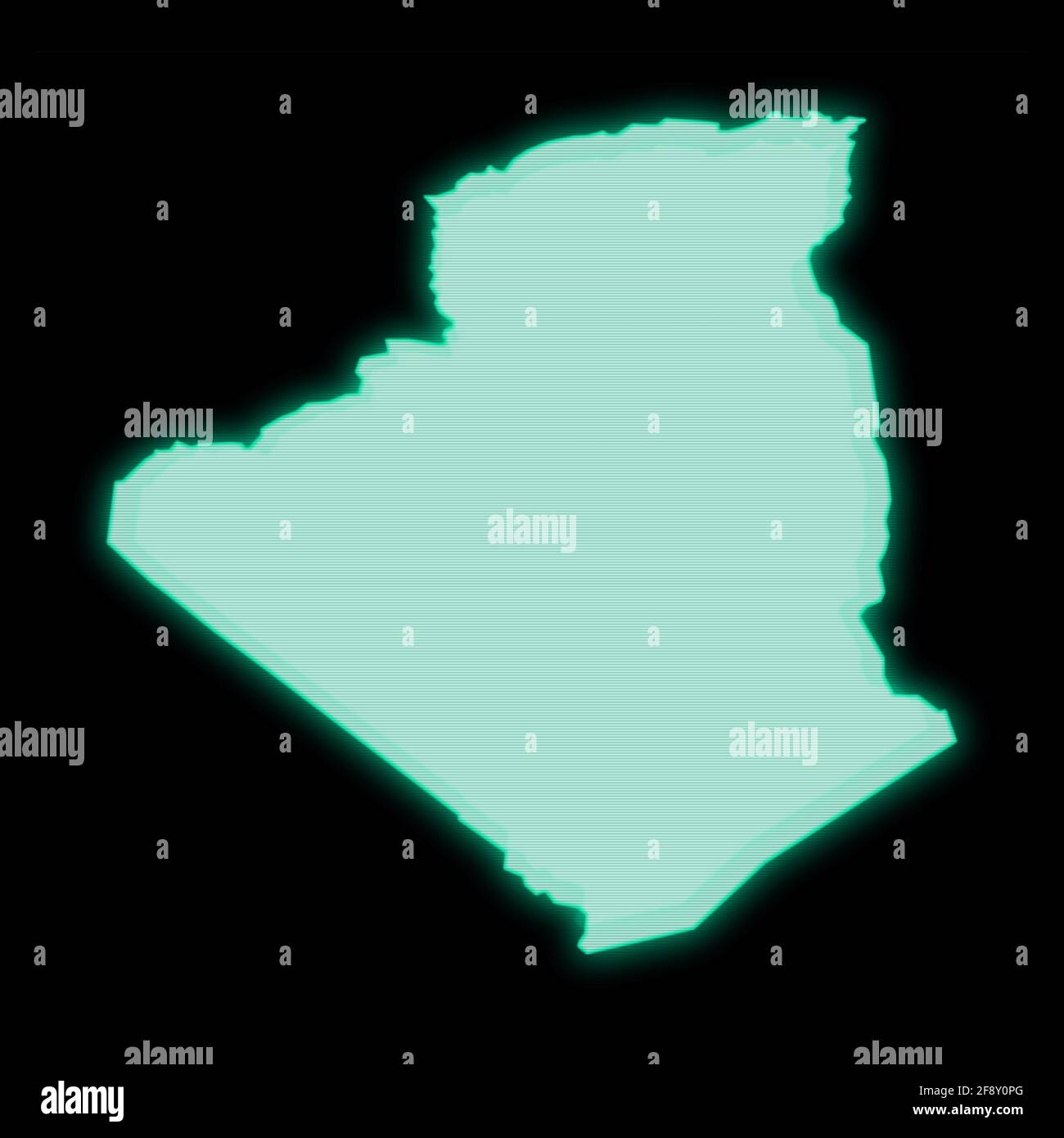 Map of Algeria, old green computer terminal screen, on dark background ...