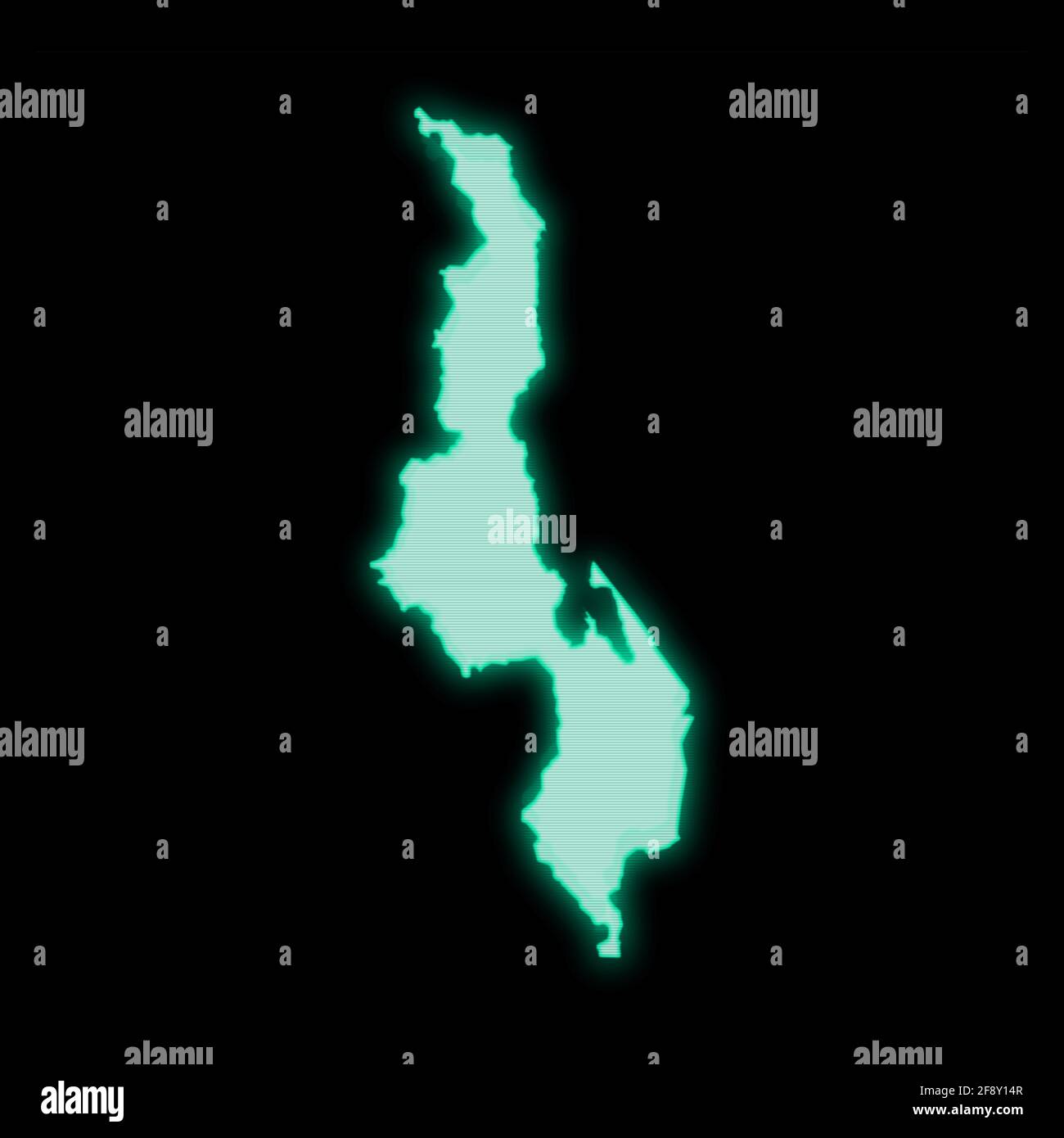 Map of Malawi, old green computer terminal screen, on dark background ...