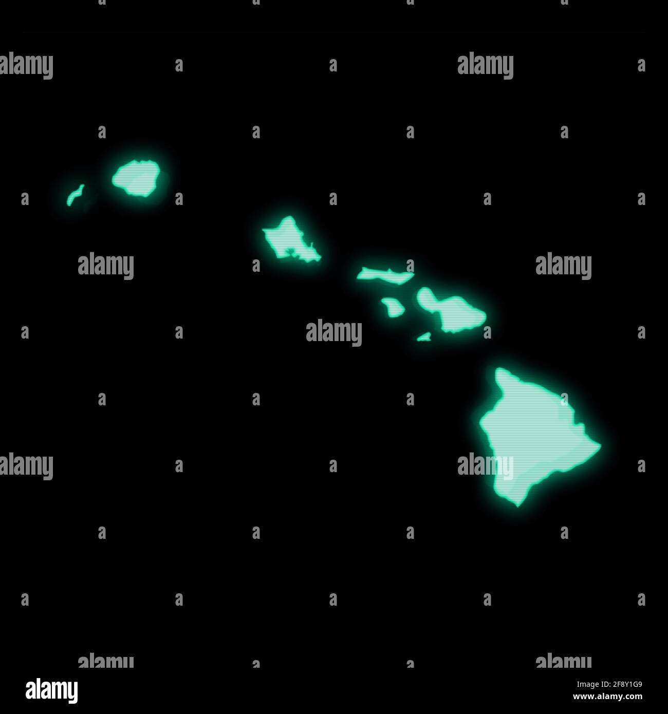 Map of Hawaii, old green computer terminal screen, on dark background ...