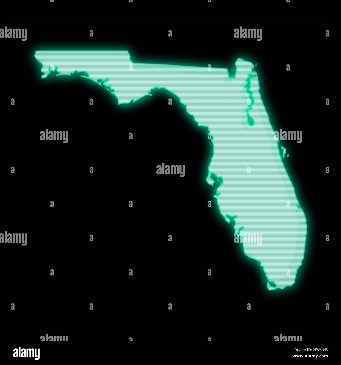 Map of Florida, old green computer terminal screen, on dark background ...