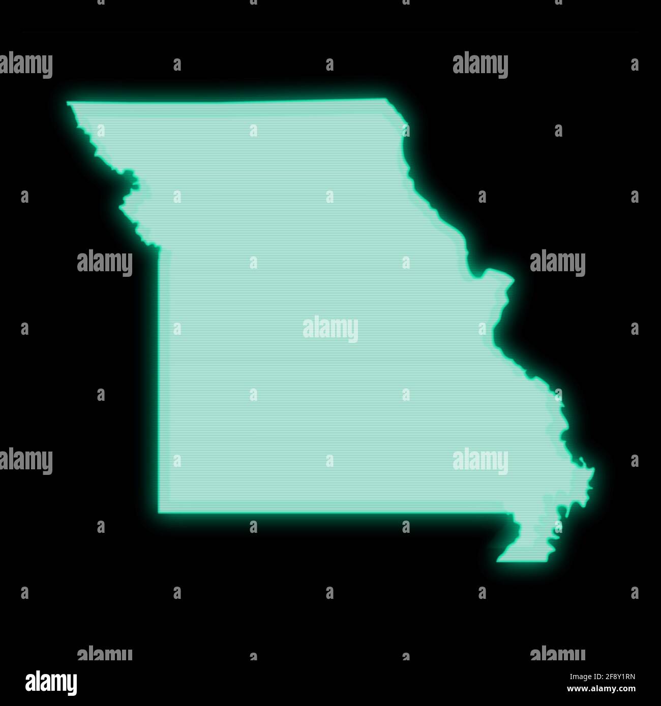 Map of Missouri, old green computer terminal screen, on dark background ...