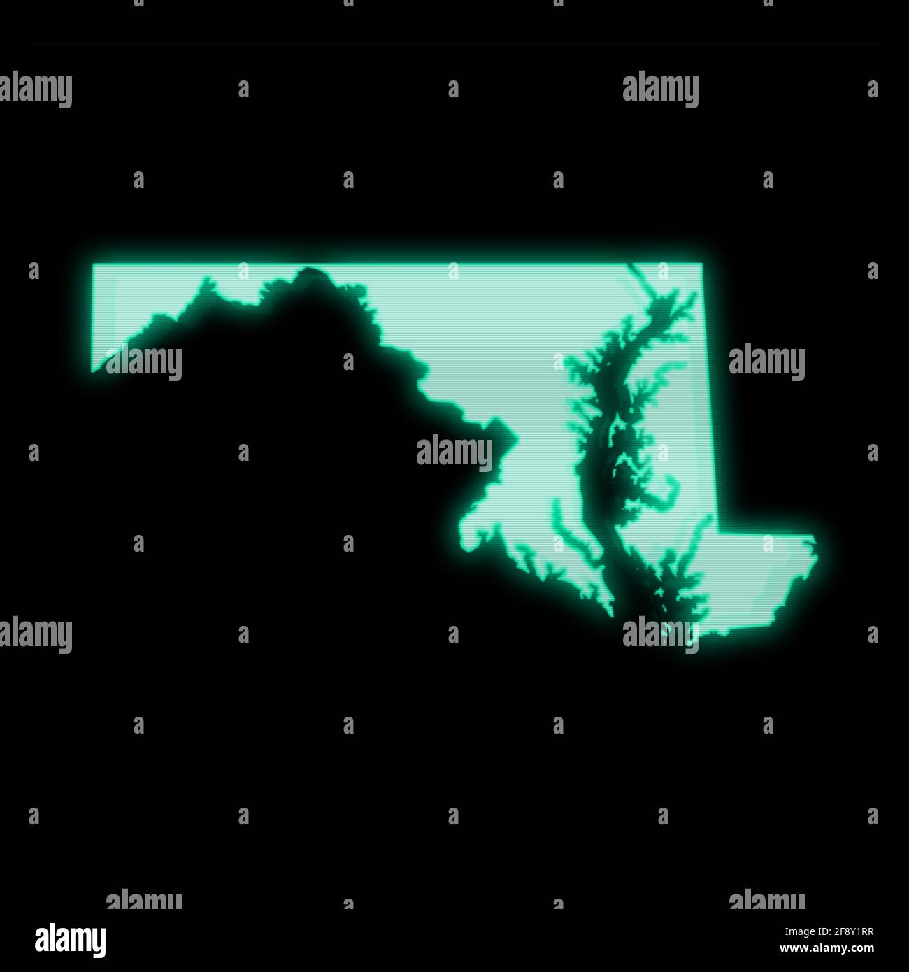 Map of Maryland, old green computer terminal screen, on dark background ...
