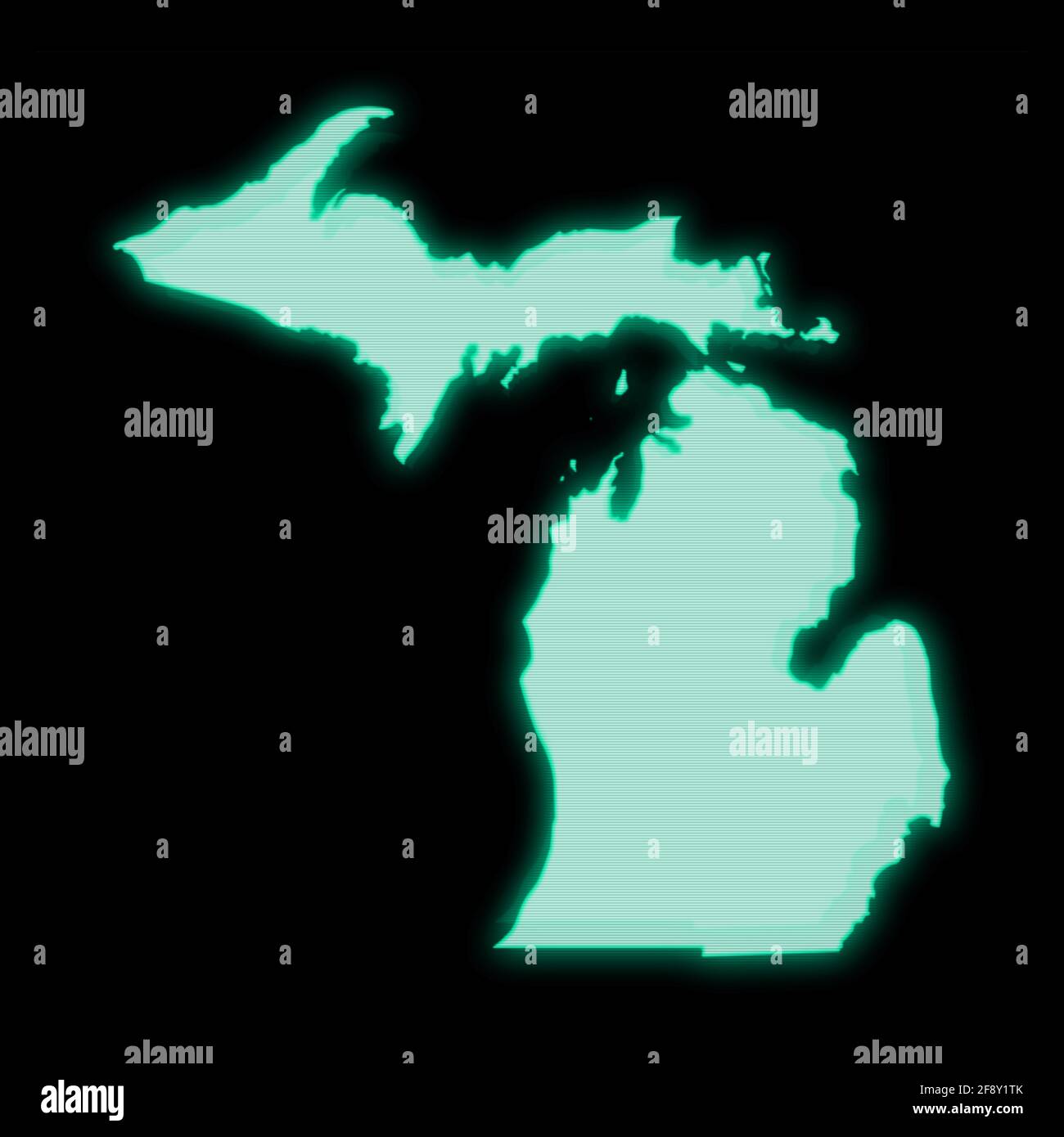 Map of Michigan, old green computer terminal screen, on dark background ...