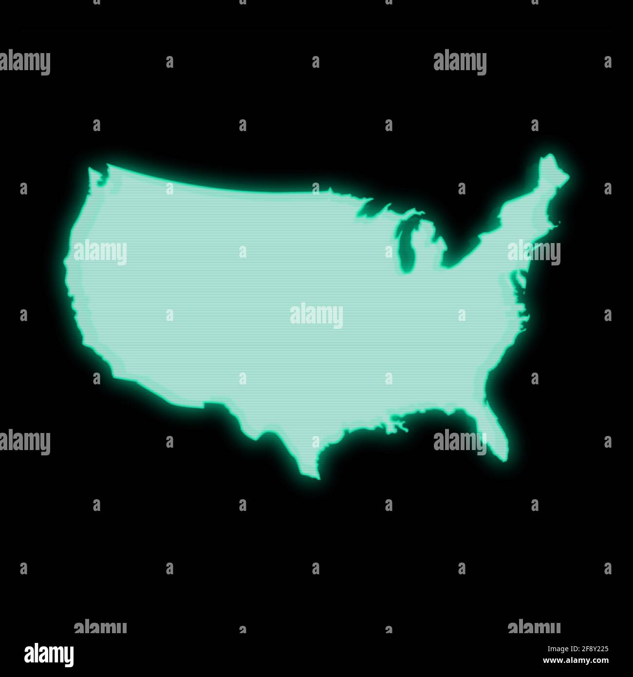 Map of United States, old green computer terminal screen, on dark ...