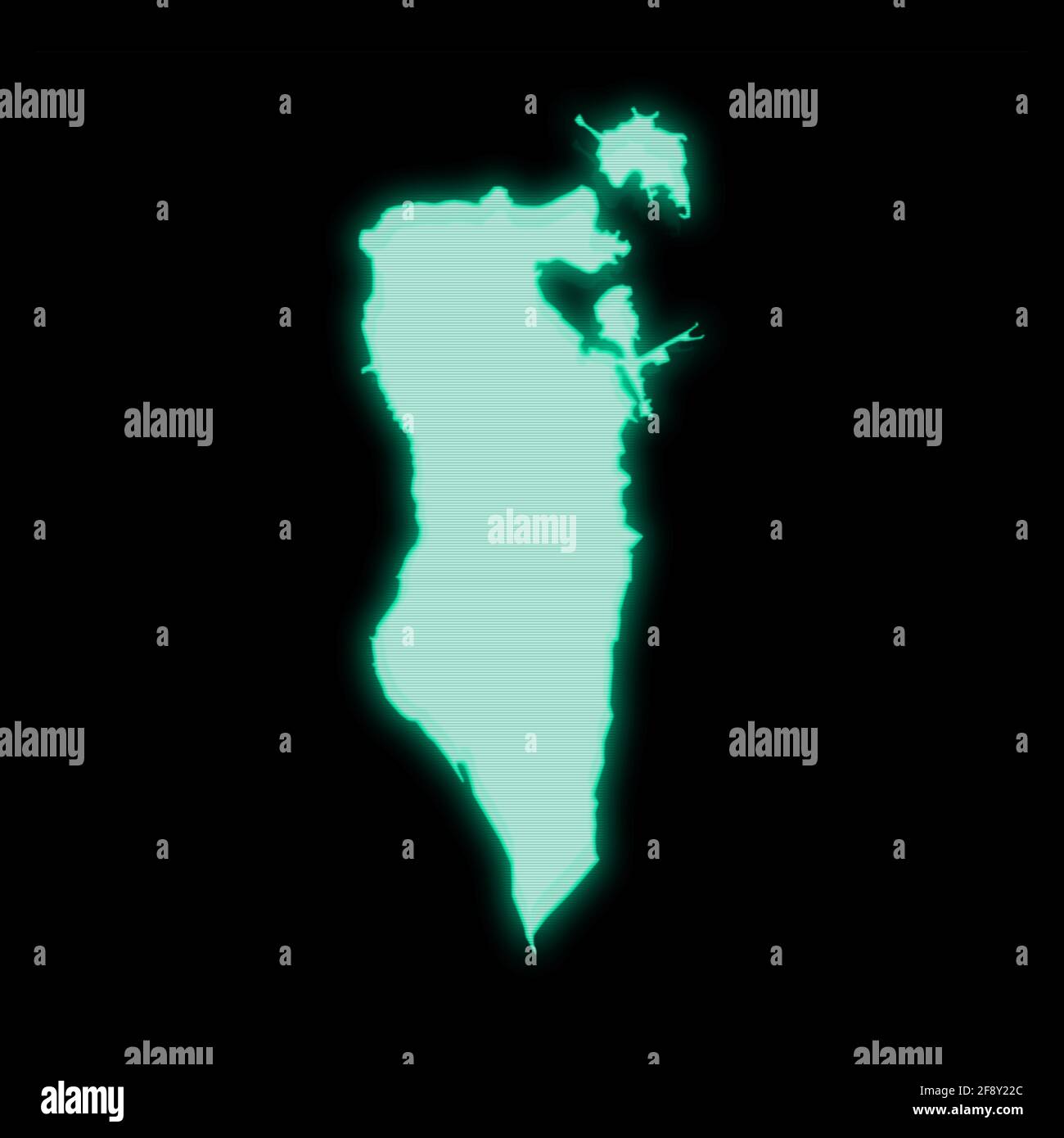 Map of Bahrain, old green computer terminal screen, on dark background ...