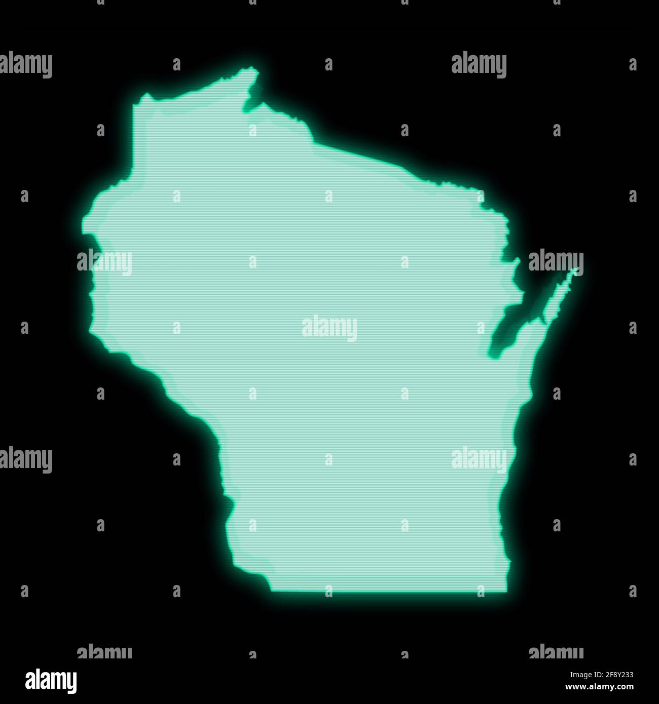 Map of Wisconsin, old green computer terminal screen, on dark ...