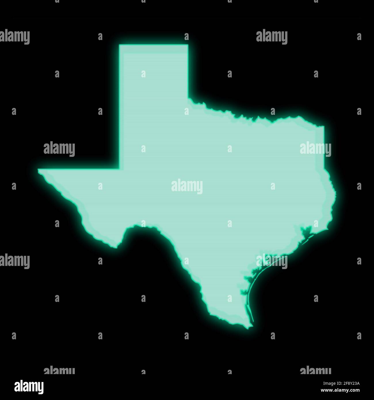 Map of Texas, old green computer terminal screen, on dark background ...
