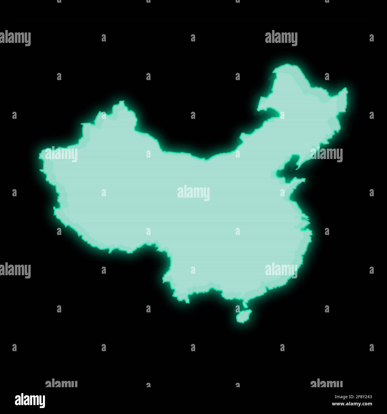 Map of China, old green computer terminal screen, on dark background ...
