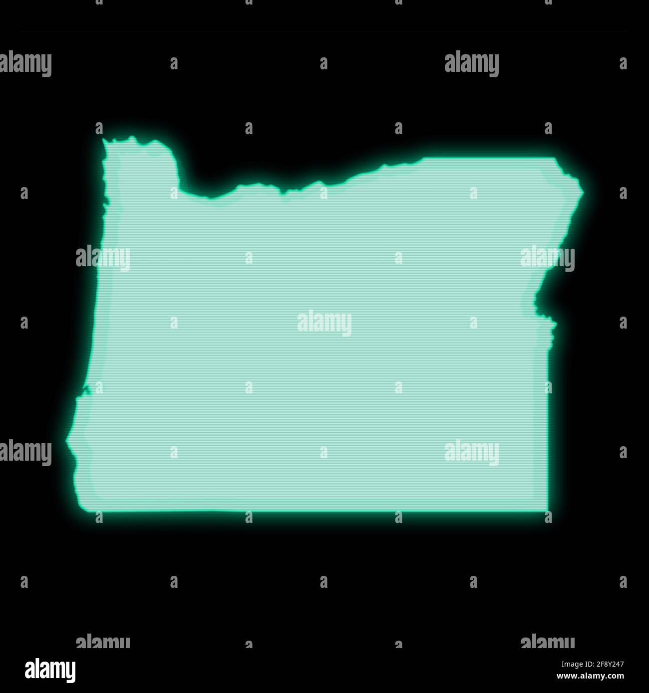 Map of Oregon, old green computer terminal screen, on dark background ...
