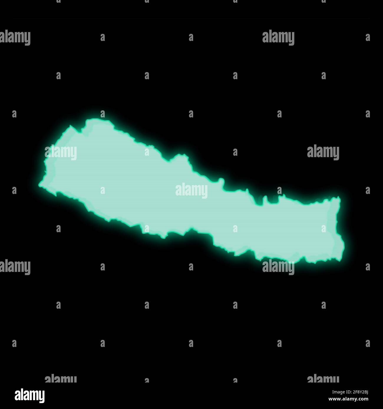 Map of Nepal, old green computer terminal screen, on dark background ...