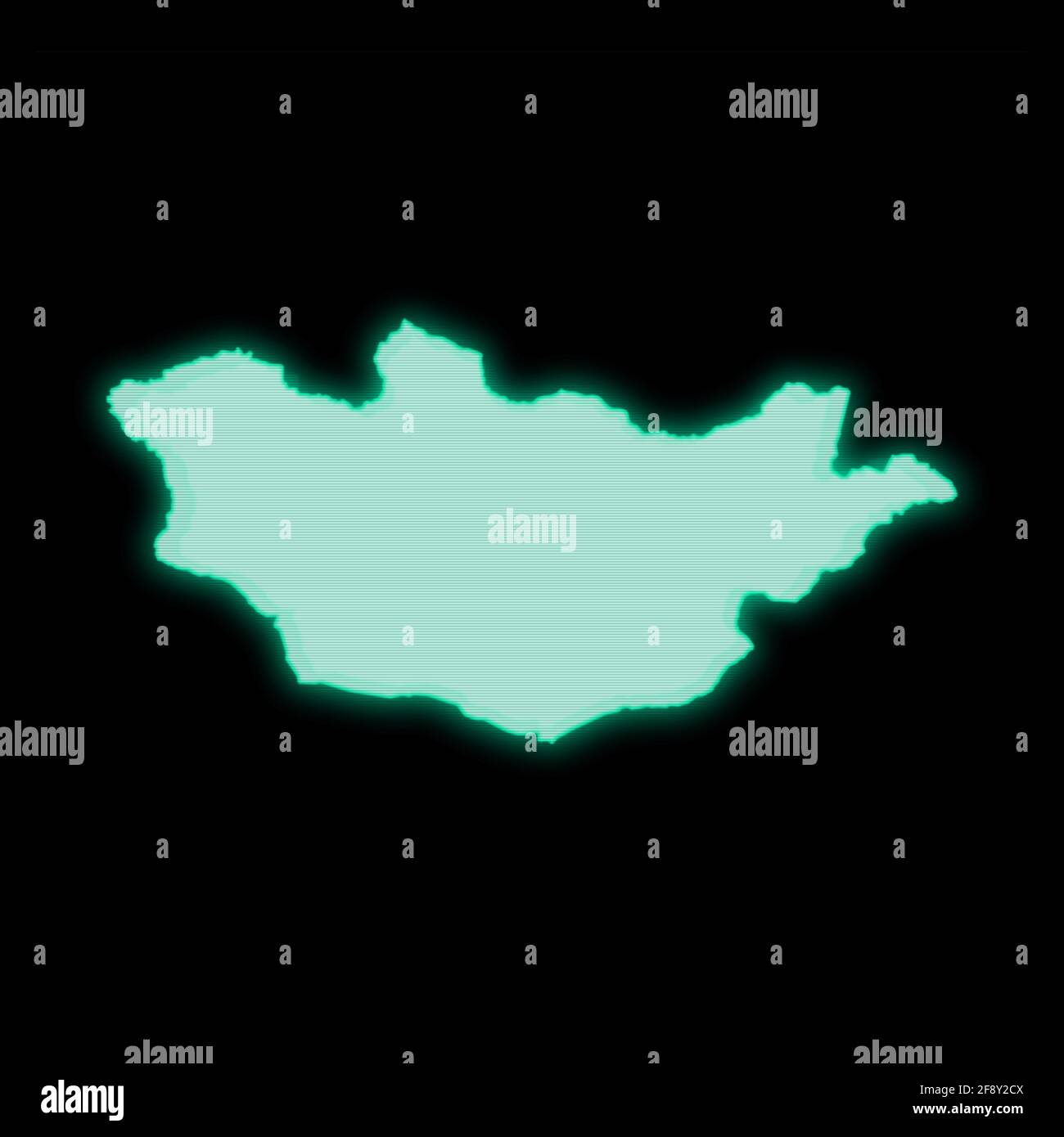 Map of Mongolia, old green computer terminal screen, on dark background ...