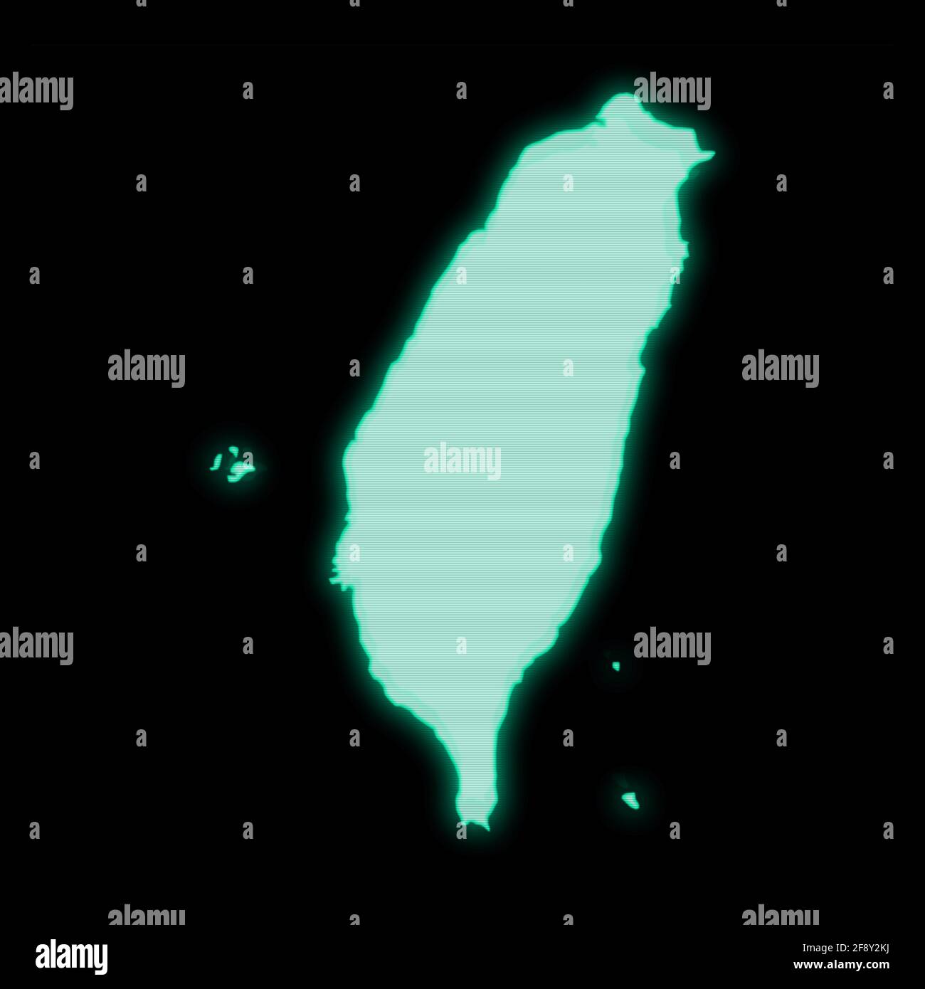 Map of Taiwan, old green computer terminal screen, on dark background ...