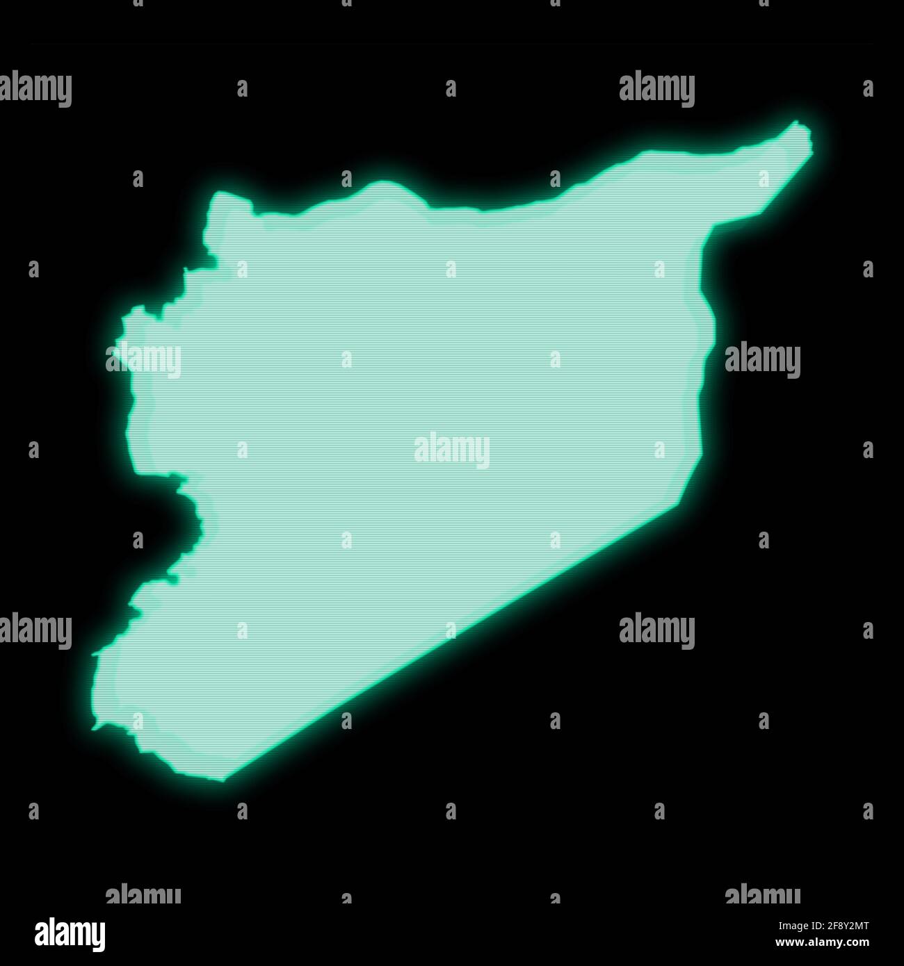 Map of Syria, old green computer terminal screen, on dark background ...