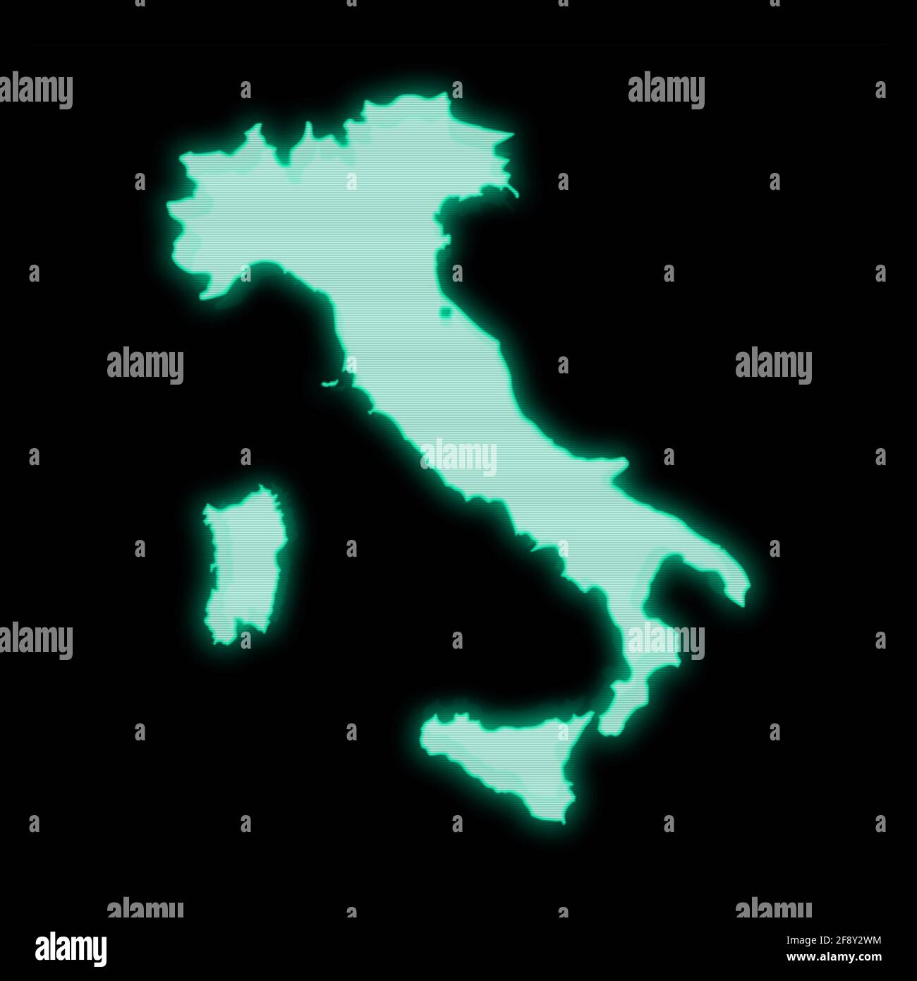 Map of Italy, old green computer terminal screen, on dark background ...