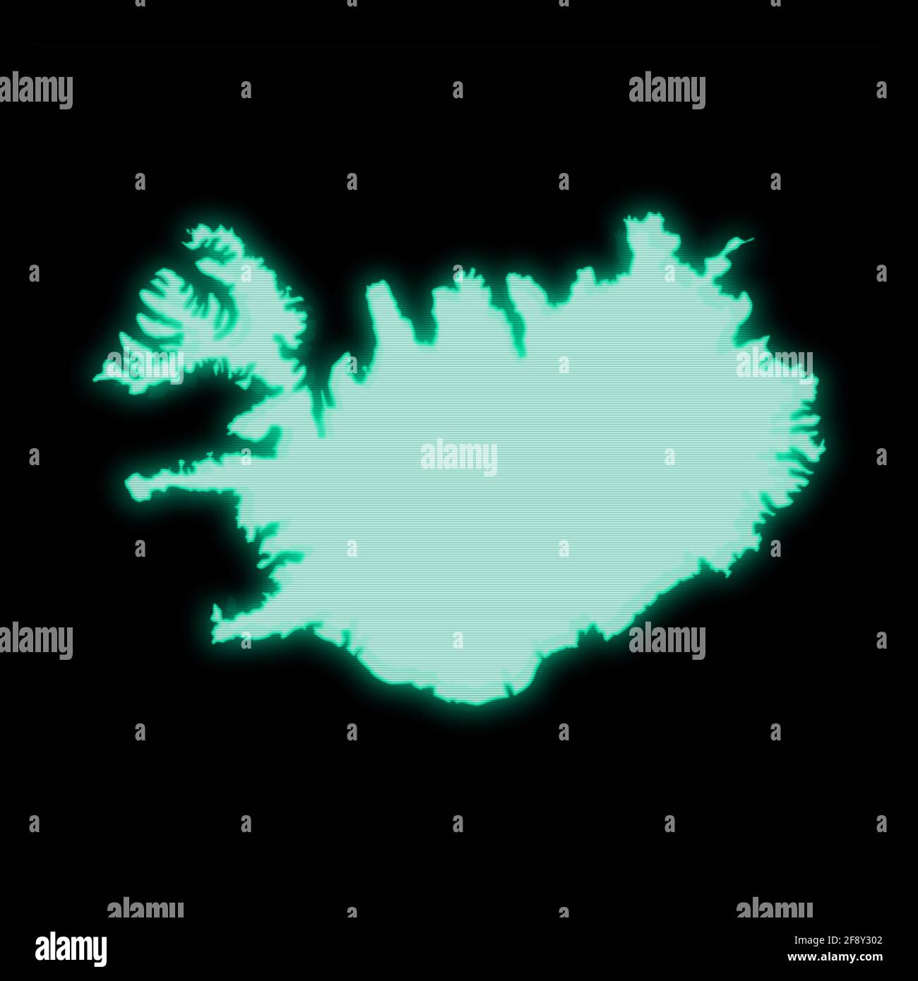 Map of Iceland, old green computer terminal screen, on dark background ...