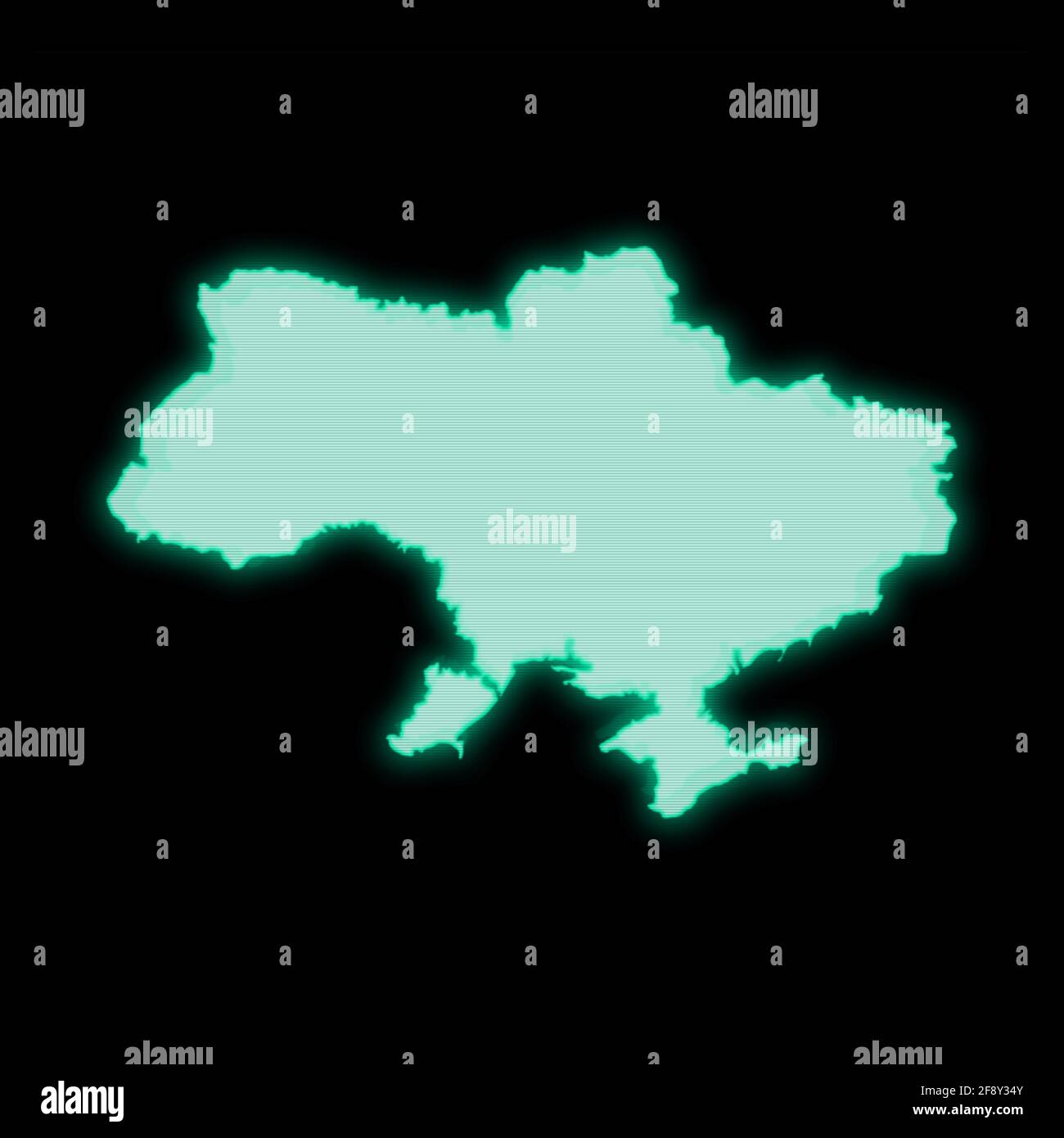 Map of Ukraine, old green computer terminal screen, on dark background ...
