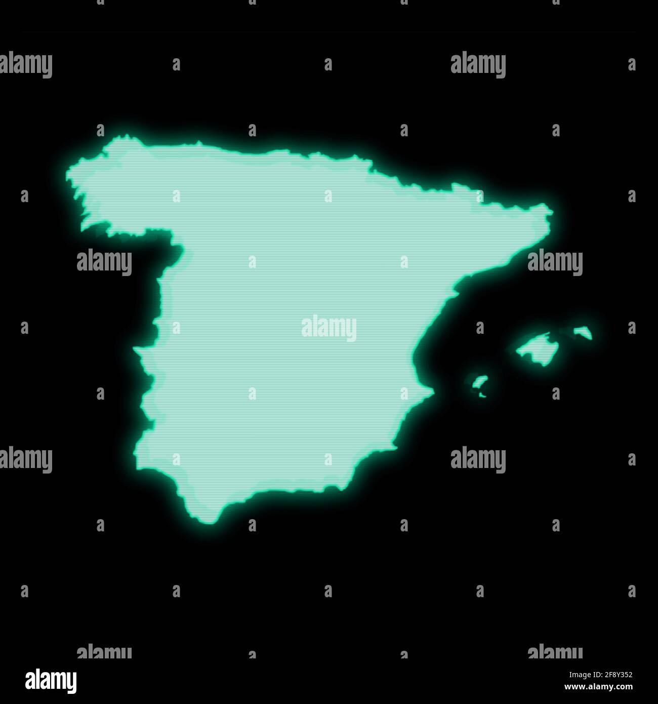 Map of Spain, old green computer terminal screen, on dark background ...