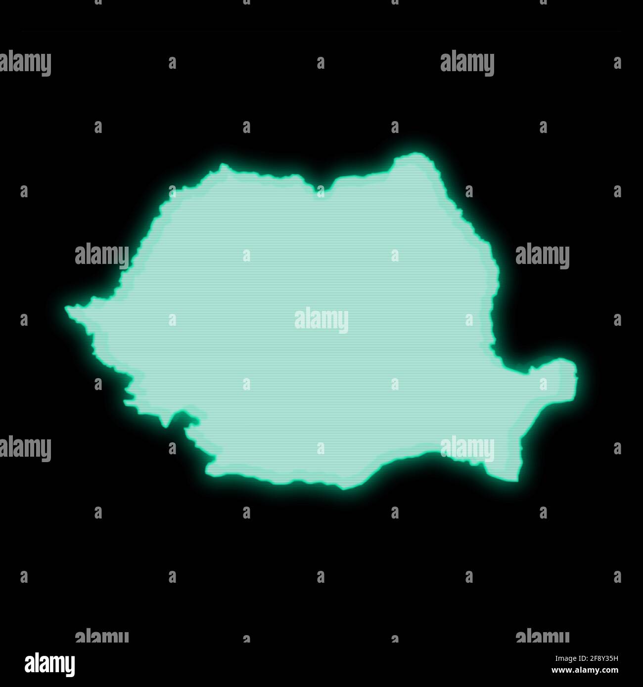 Map of Romania, old green computer terminal screen, on dark background ...