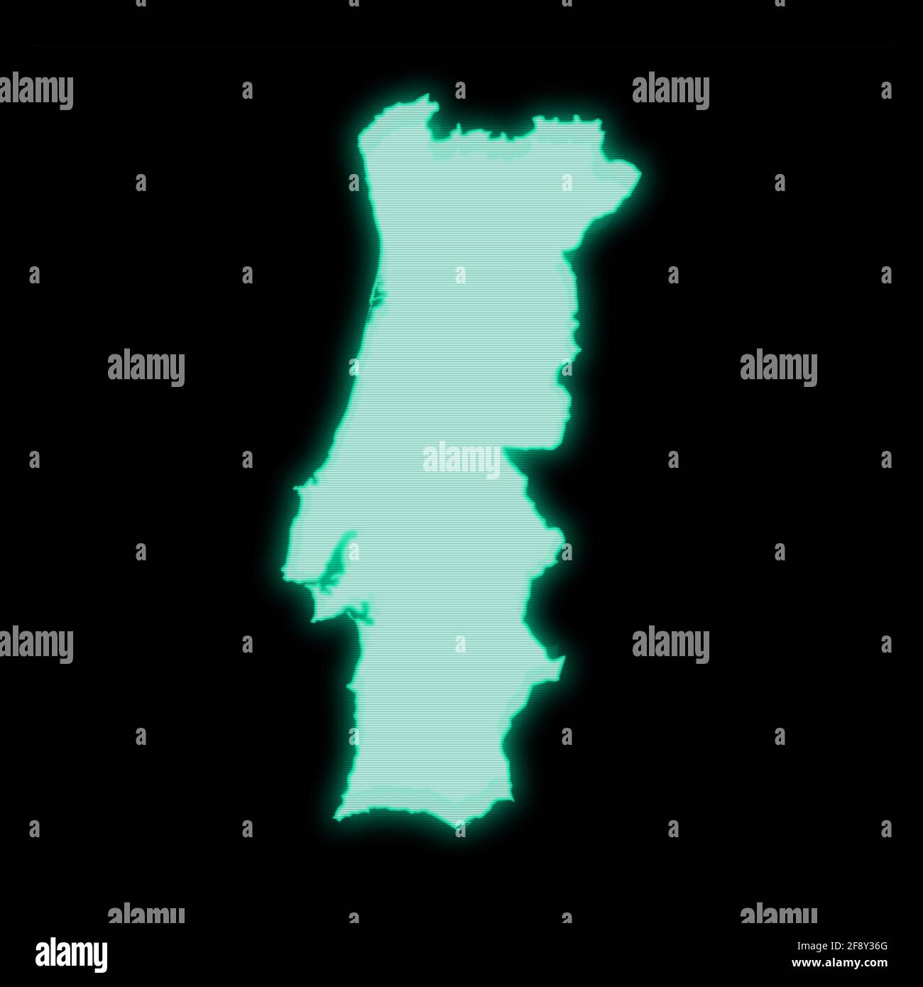 Map of Portugal, old green computer terminal screen, on dark background ...