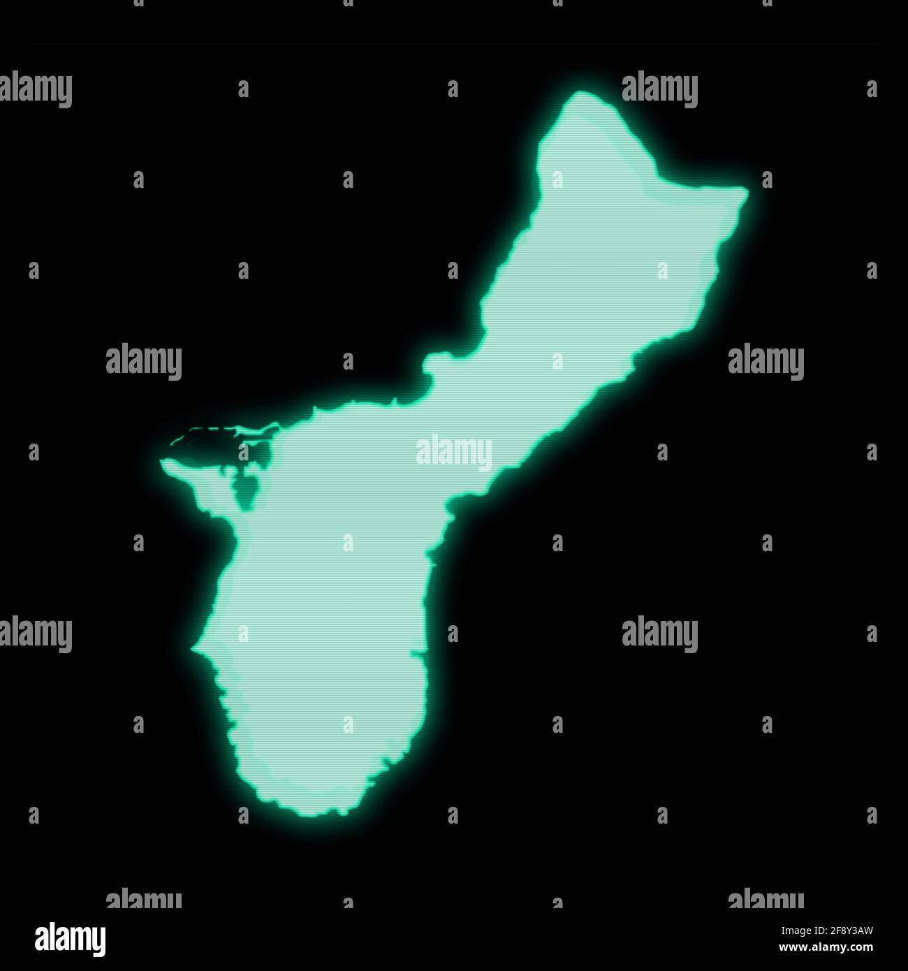 Map of Guam, old green computer terminal screen, on dark background ...