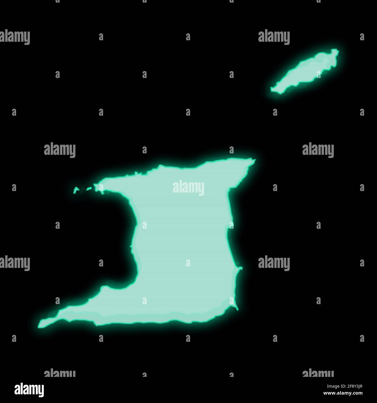 Map of Trinidad and Tobago, old green computer terminal screen, on dark ...