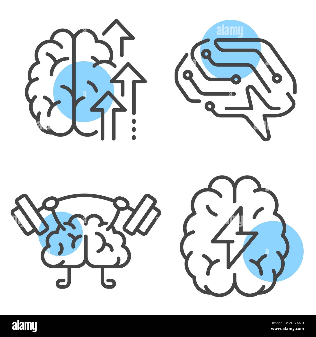 Set of vector illustrations of linear style brain activity icons for ...