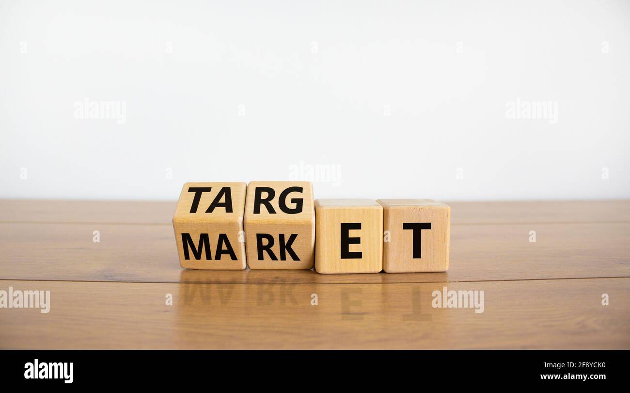 Target market symbol. Turned wooden cubes with and changes words ...