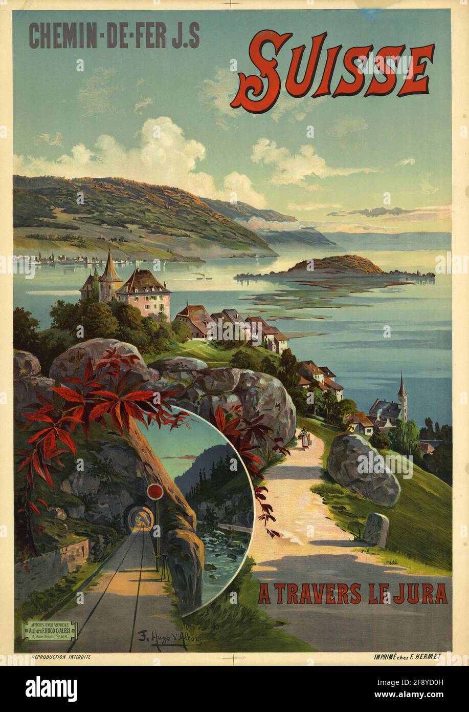 A vintage travel poster for the Jura in Switzerland Stock Photo - Alamy