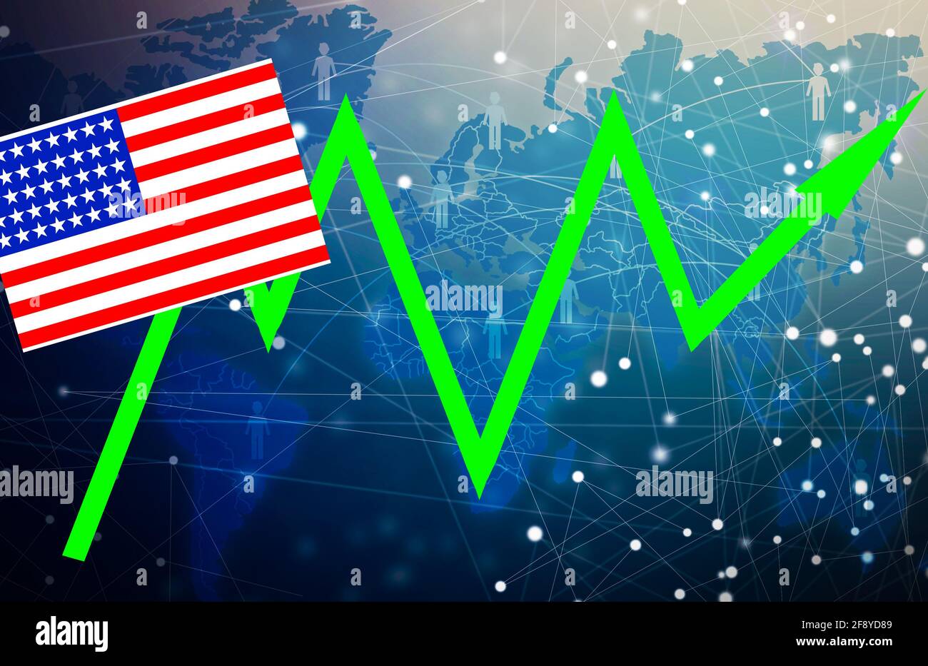 USA flag, upward rising arrow, graphs and charts. Economic recovery ...
