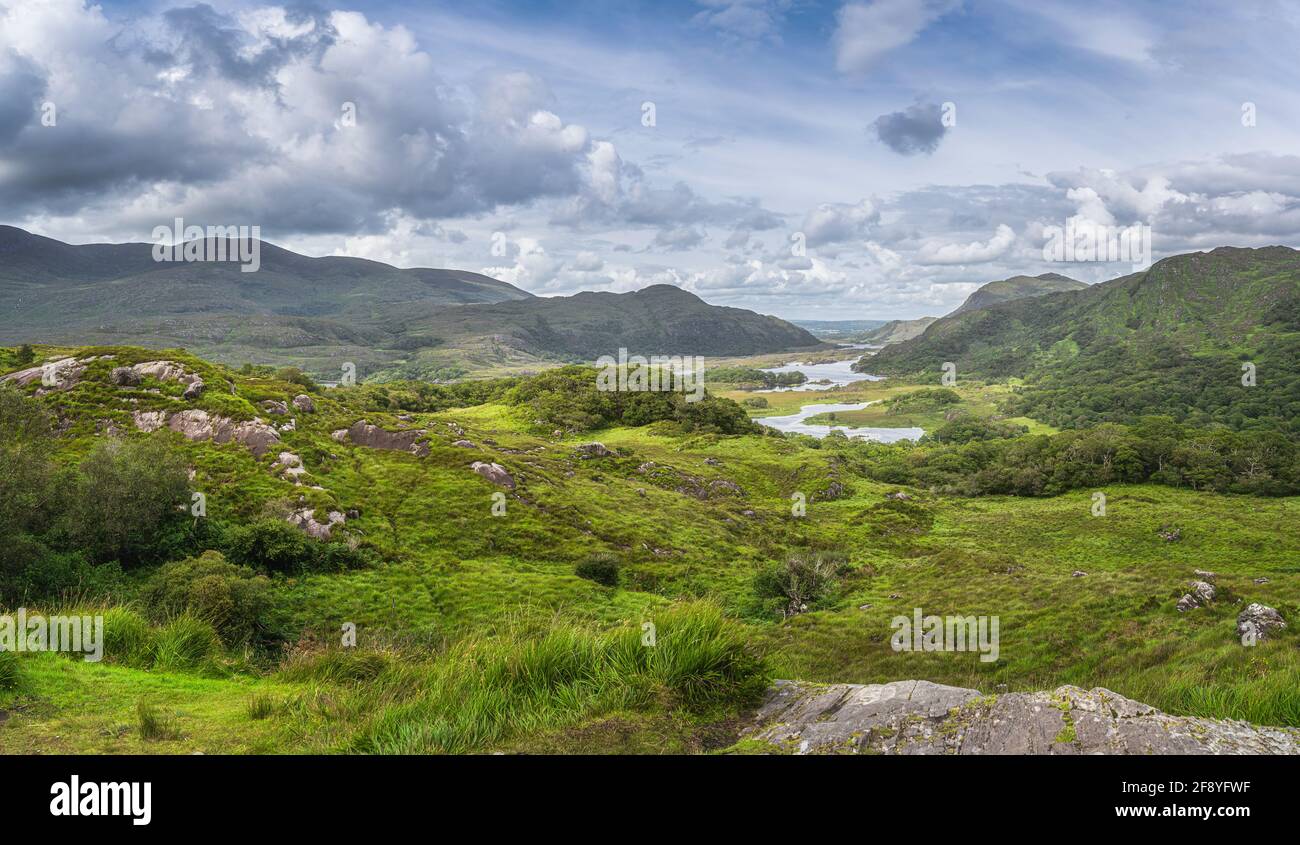Beautiful panorama with Irish iconic viewpoint, Ladies View and Lakes ...