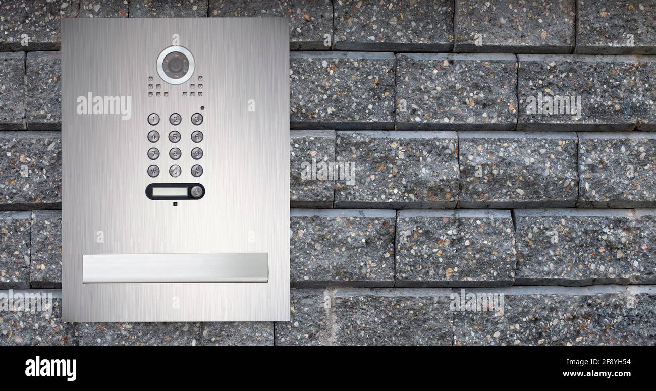 Modern intercom Access To Building, Gray Stone Walls Stock Photo - Alamy